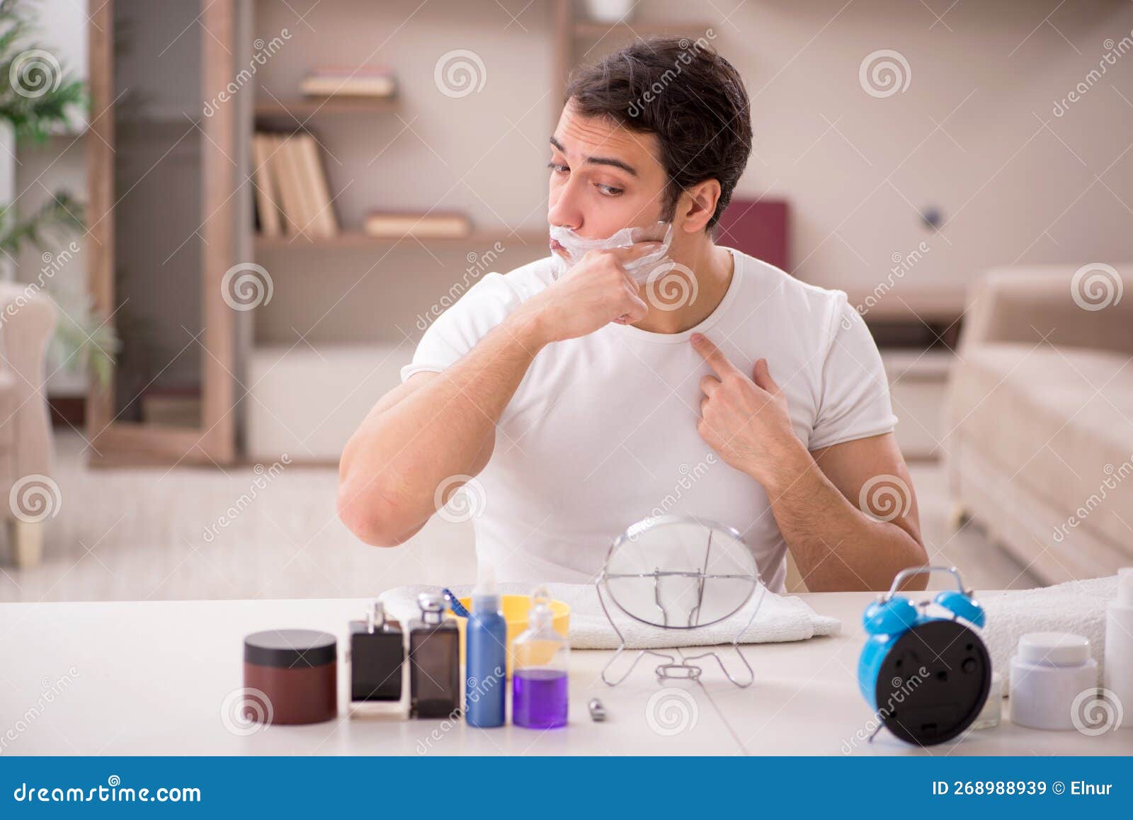 Young Man Shaving Face at Home Stock Image - Image of looking, mirror ...