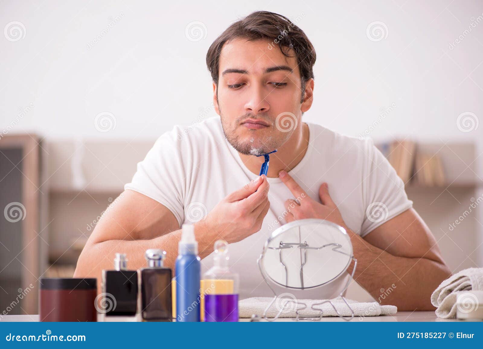 Young Man Shaving Face at Home Stock Image - Image of bathroom, home ...