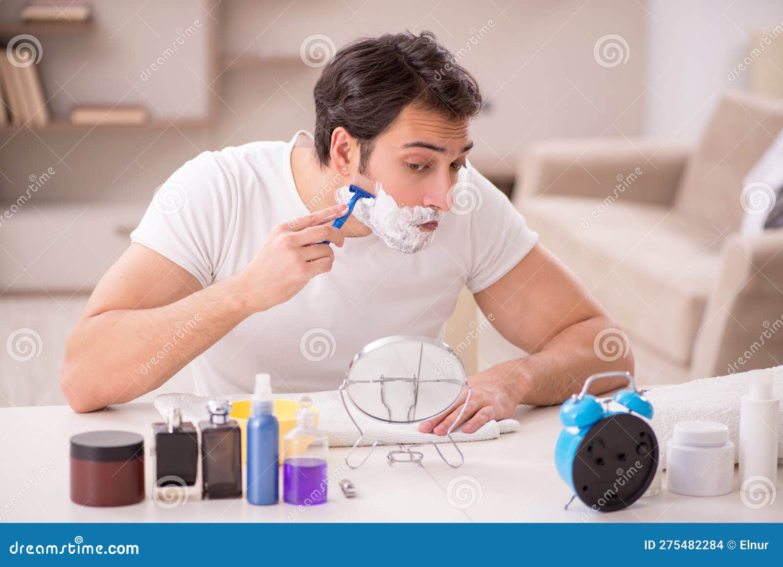 Young Man Shaving Face at Home Stock Photo - Image of macho, healthy ...