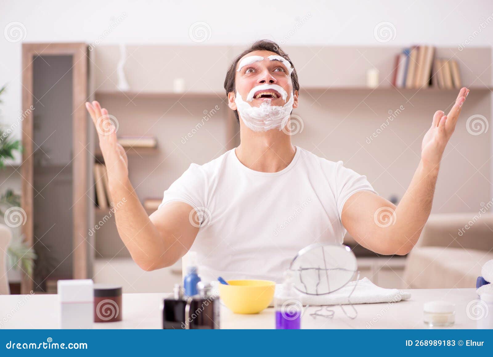 Young Man Shaving Face at Home Stock Image - Image of morning ...