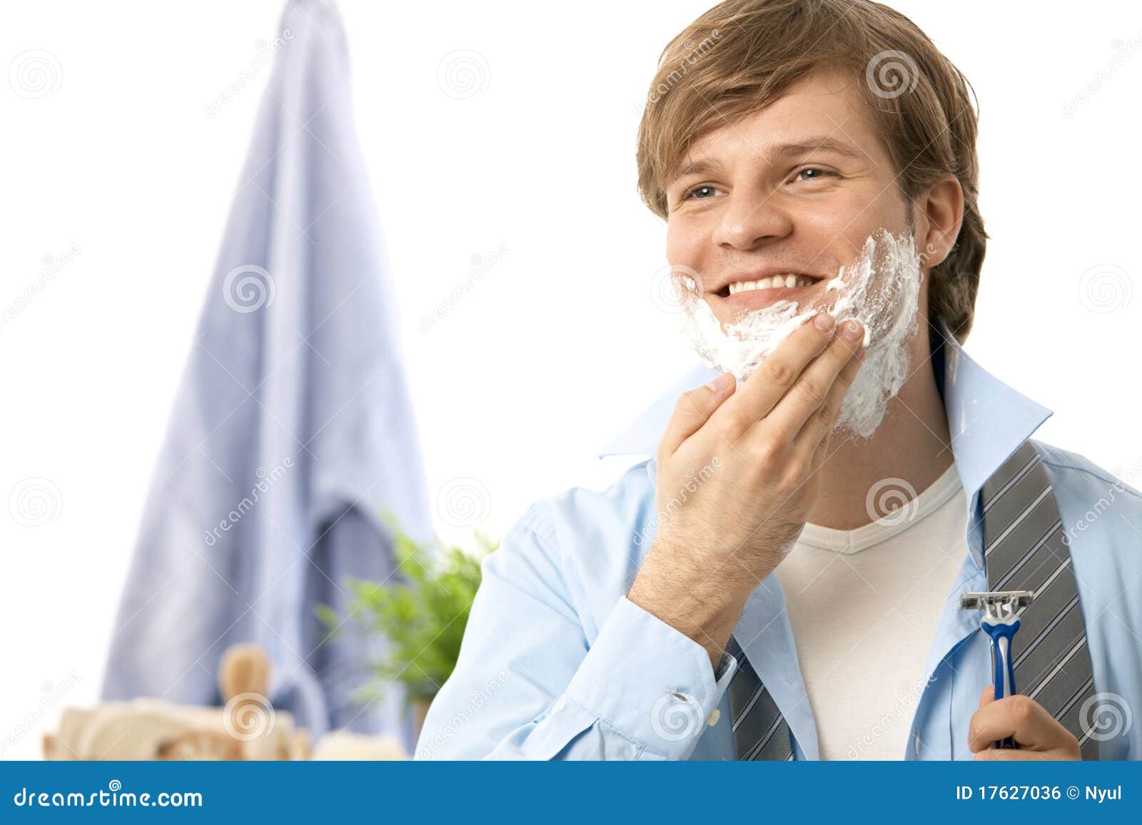 Young Man Shaving in the Morning Stock Photo - Image of cream ...