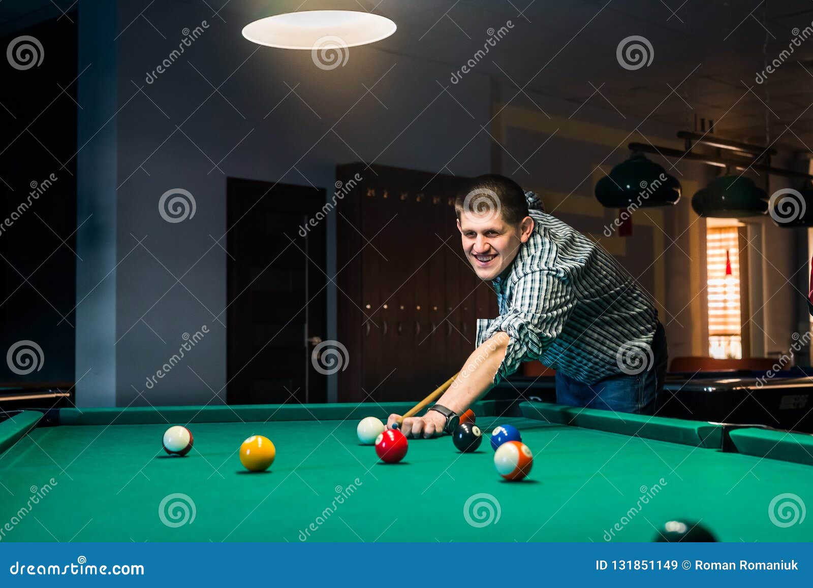 Young Man Shooting Ball in Billiard by Cue Stock Image - Image of pool ...