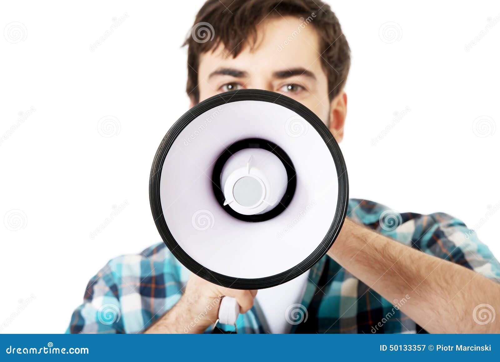 Young Man Shouting through Megaphone. Stock Image - Image of portrait ...