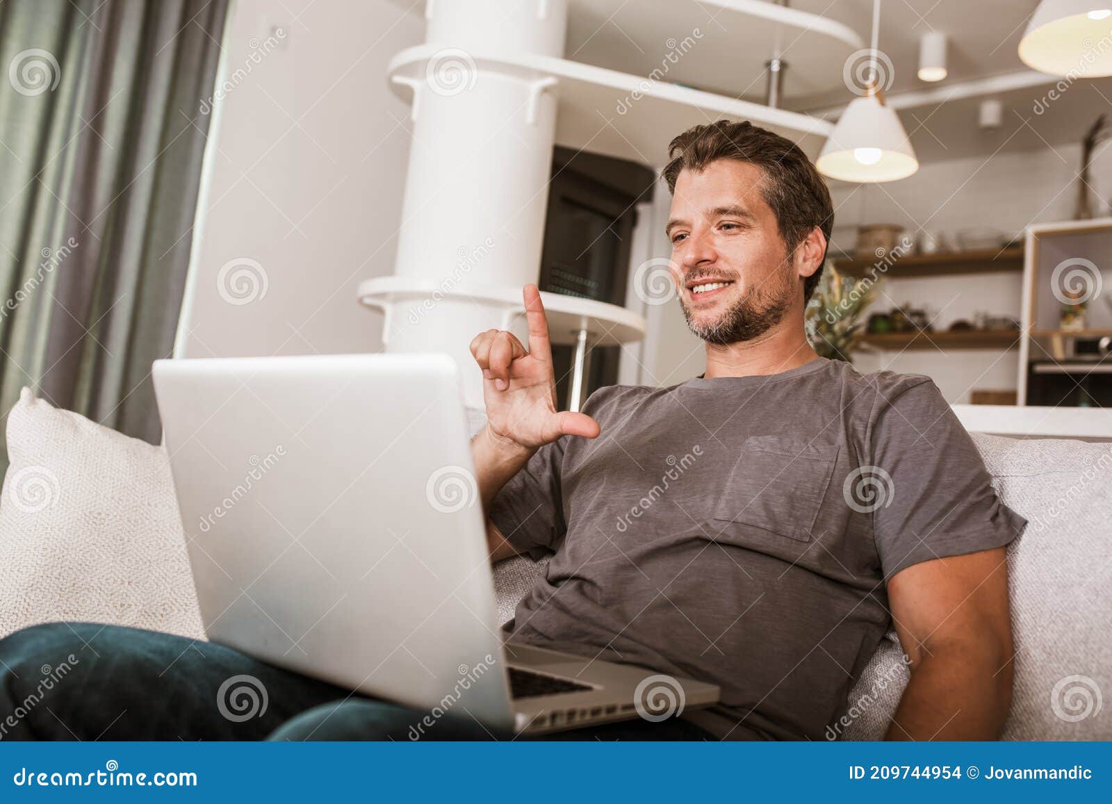 Man Showing Gesture in Sign Language, Using Laptop Stock Photo - Image ...