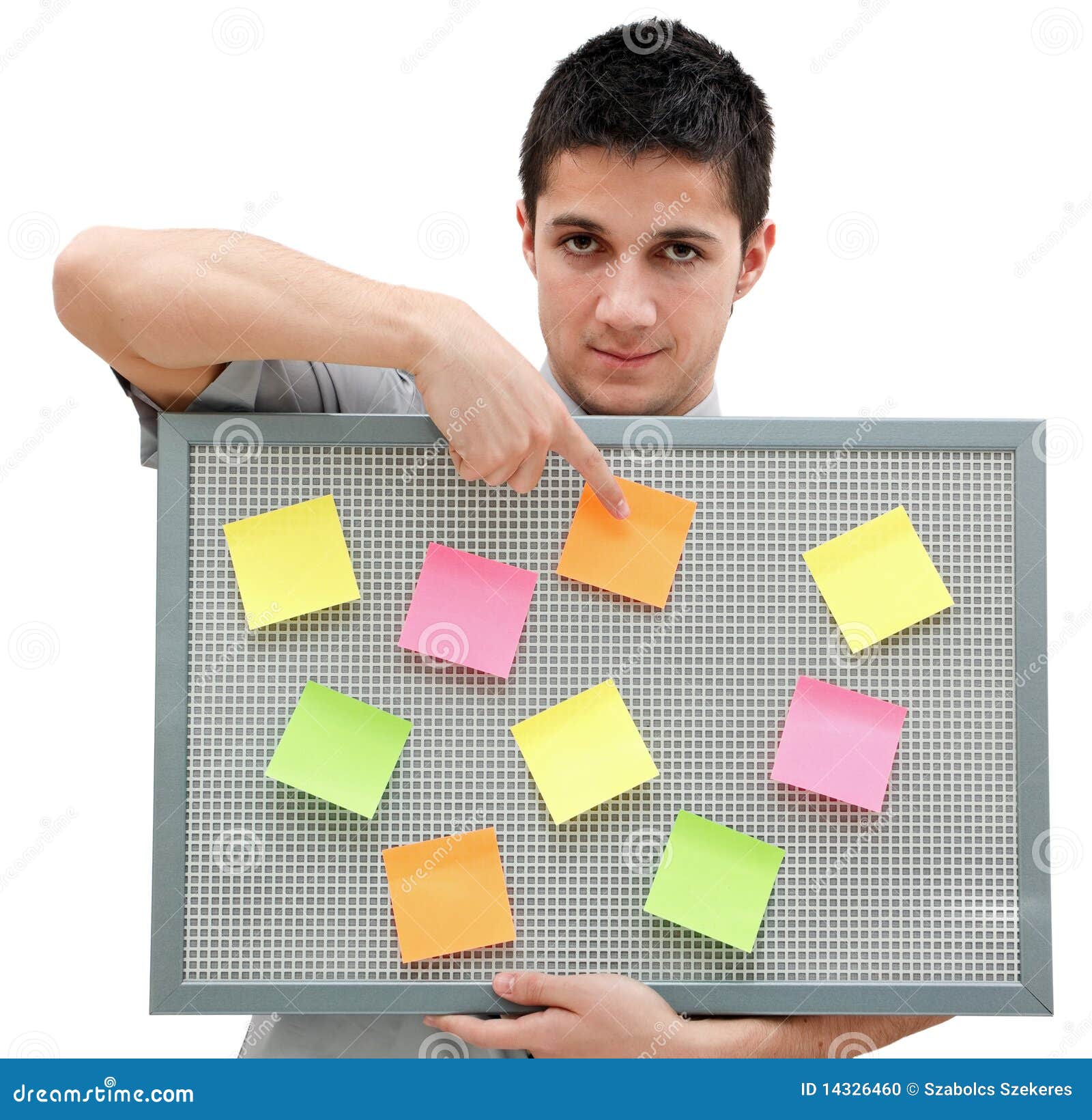 Young Man Showing Onto the Reminder Board Stock Photo - Image of orange ...