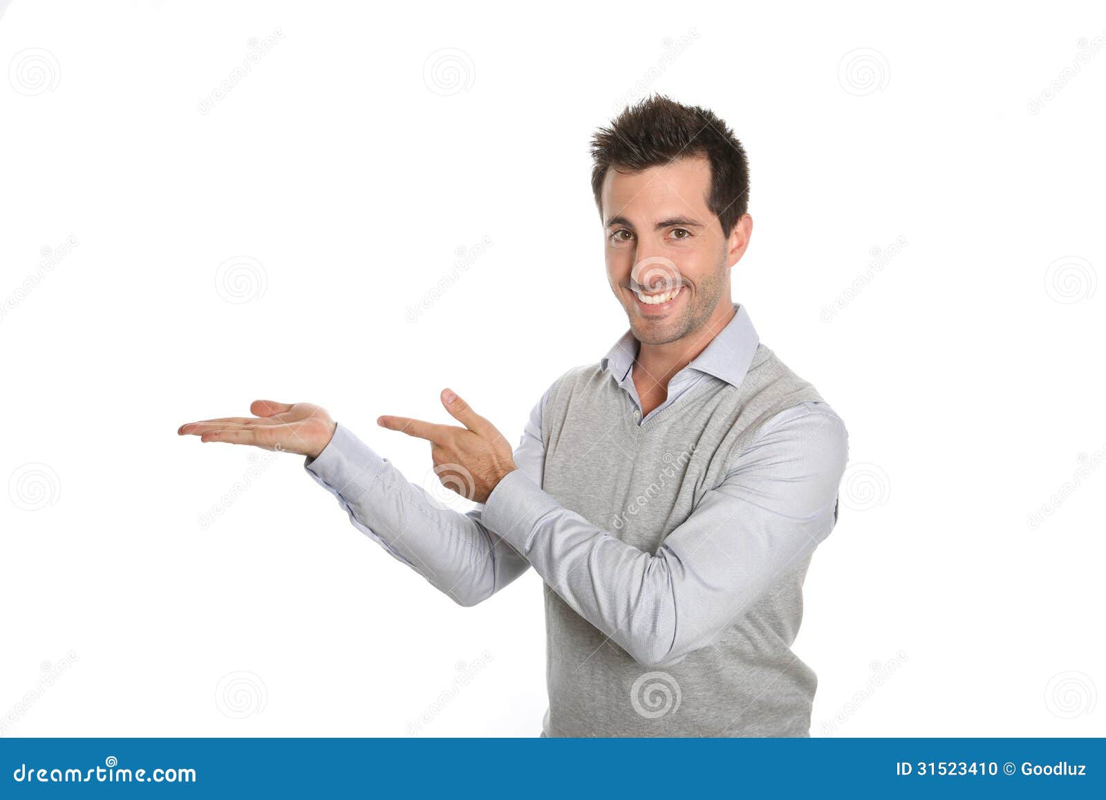 Young Man Showing Text on White Wall Stock Photo - Image of showing ...