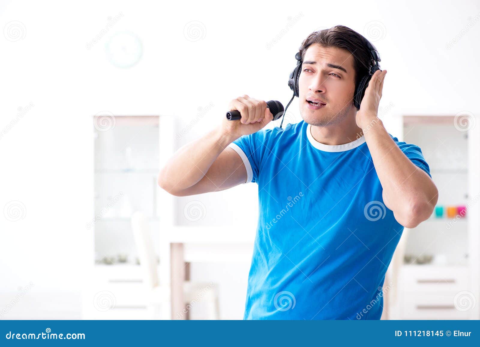 The Young Man Singing at Home Karaoke Stock Image - Image of lifestyle ...