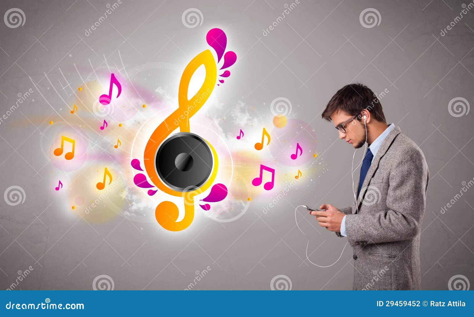 Young Man Singing and Listening To Music with Musical Notes Stock Photo ...