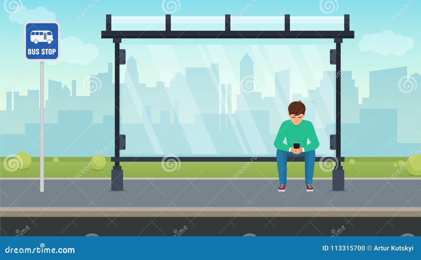 Young Man Sitting Alone at the Bus Stop and Using His Phone. Vector ...
