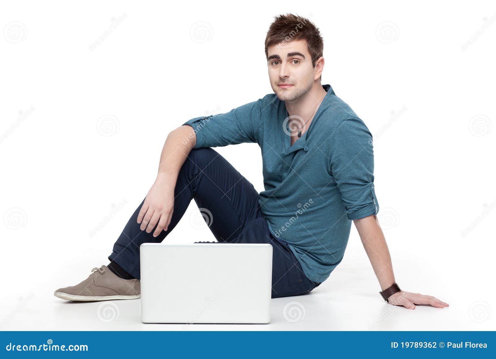 Young Man Sitting Behind Laptop Stock Photo - Image of portrait ...