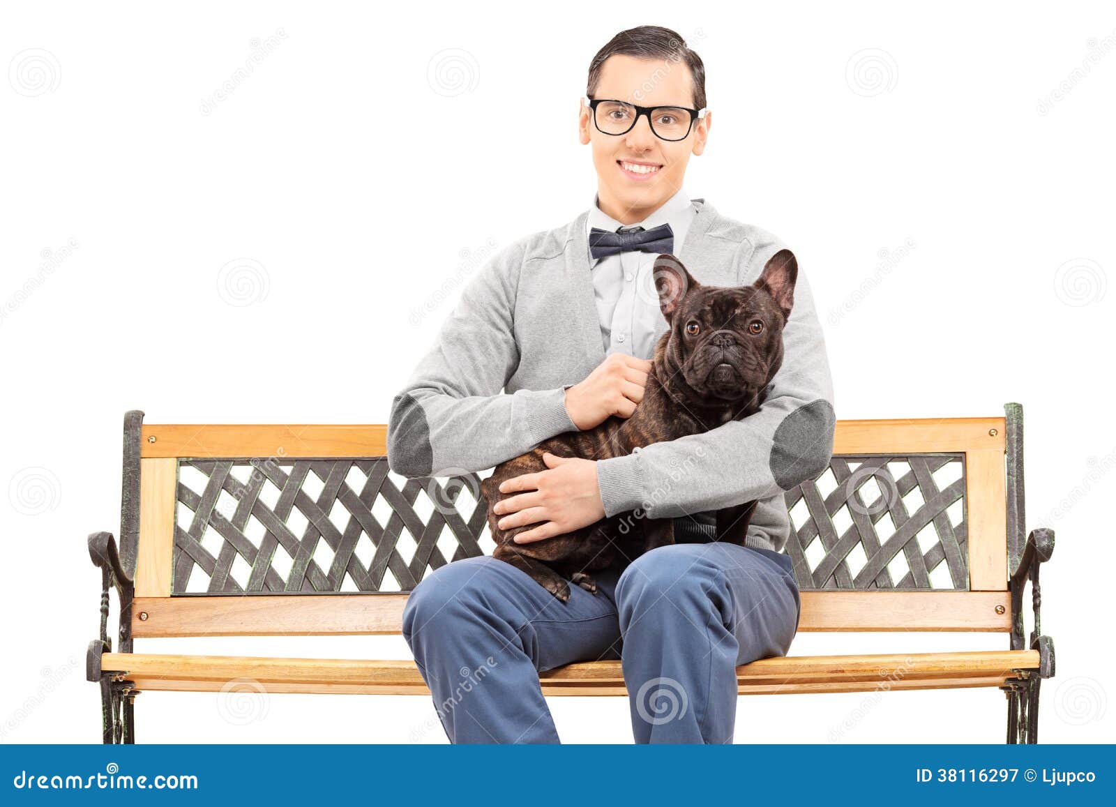 Young Man Sitting on Bench with His Dog Stock Image - Image of embrace ...