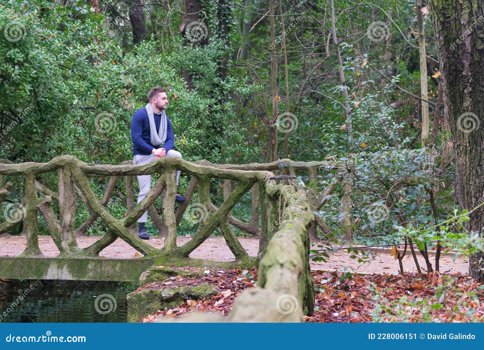 Young Man Sitting on Bridge with Stone Railing Stock Image - Image of ...