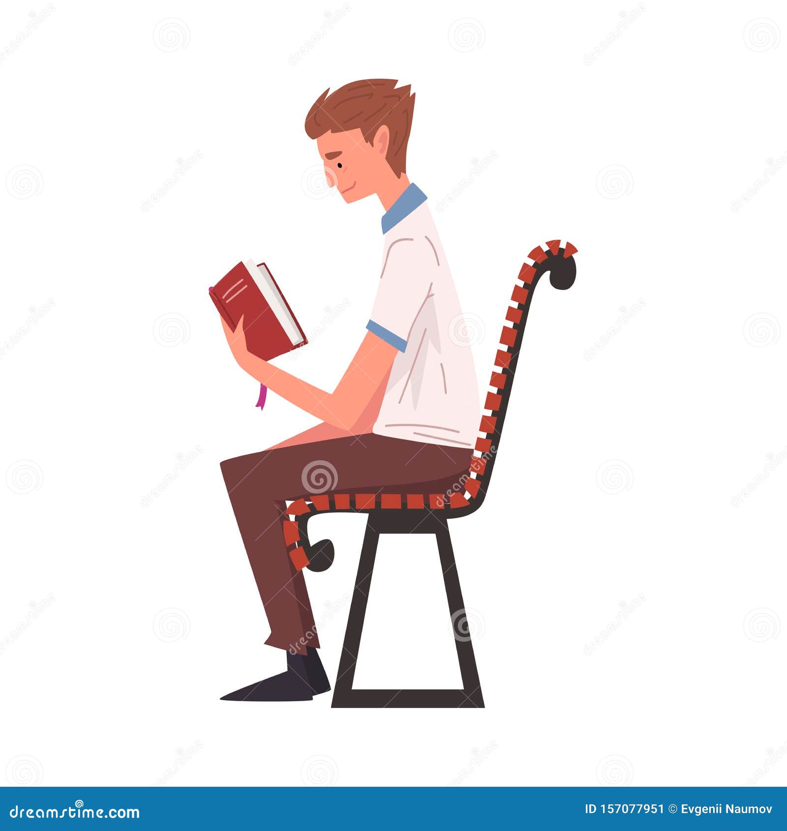 Young Man Sitting On Chair And Reading Book Side View Vector