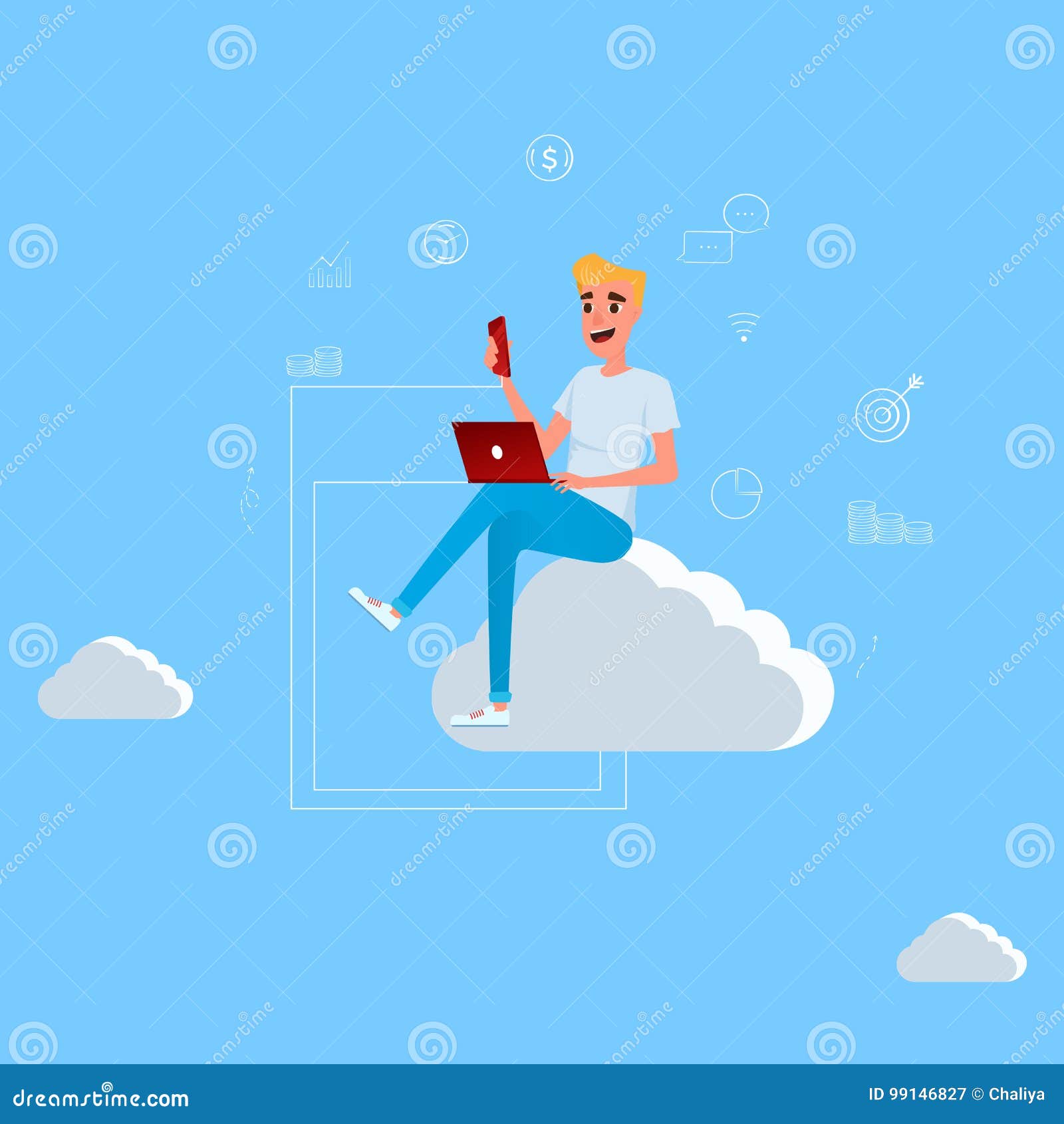Young Man Sitting on the Cloud Working with Laptop and Smartphone ...