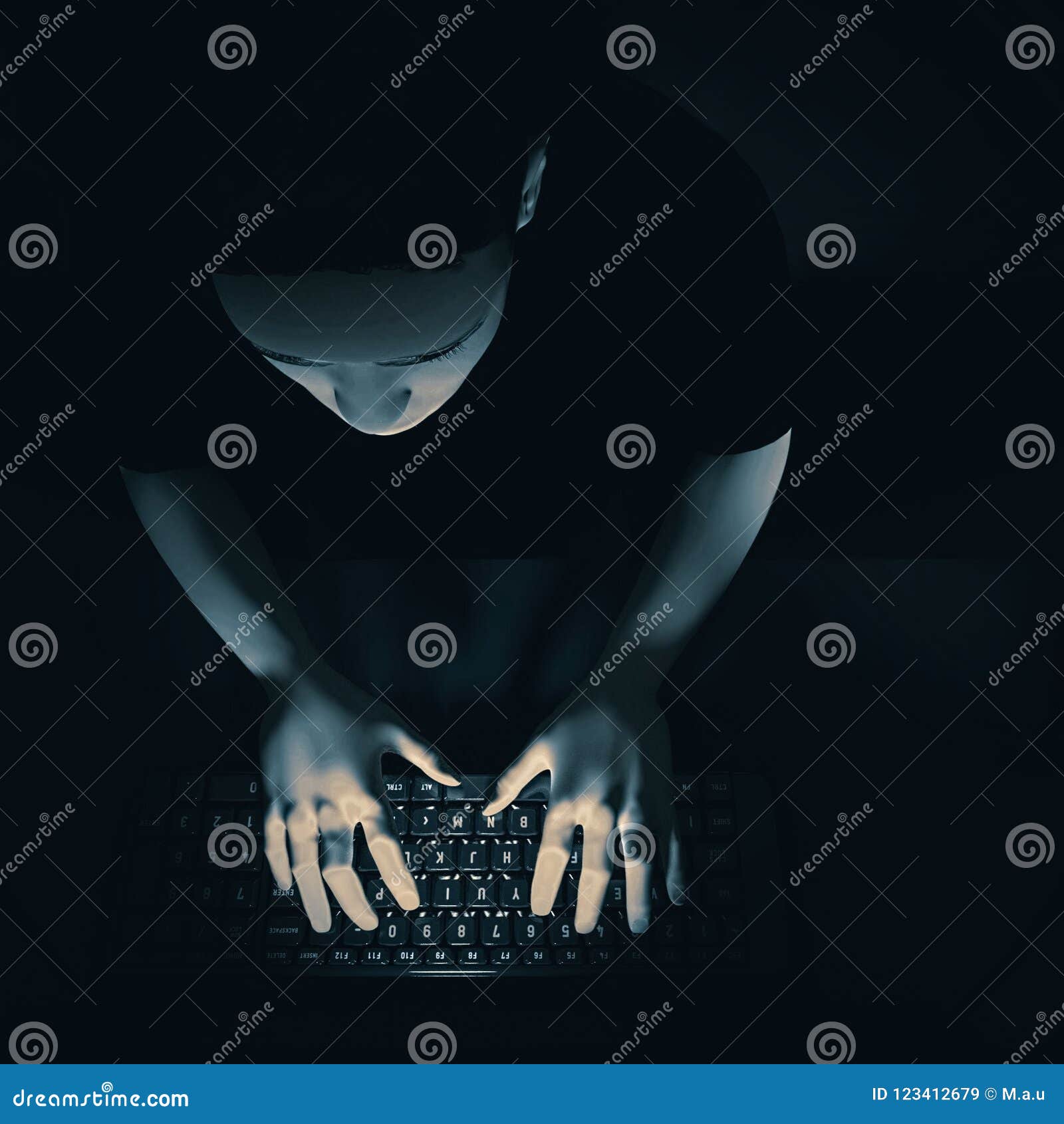 Young Man Sitting at a Computer in the Dark. 3d Render Stock ...