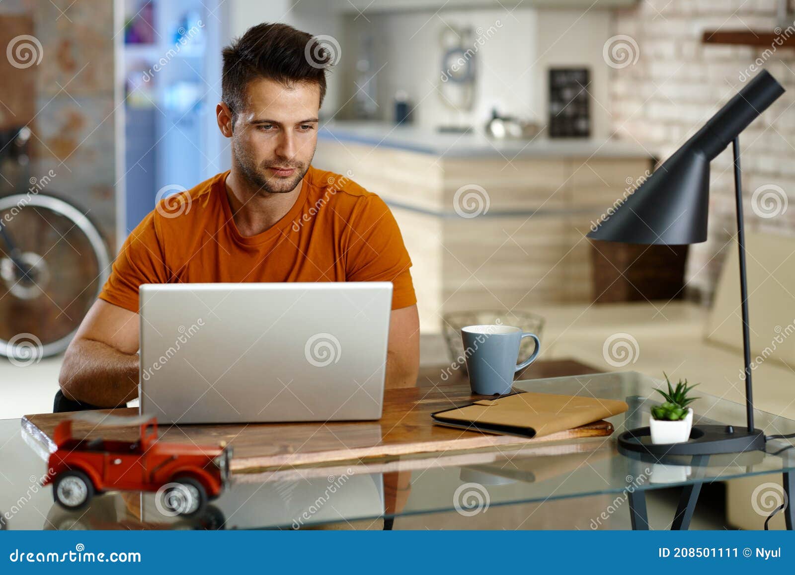 Young man working at home stock image. Image of people - 208501111