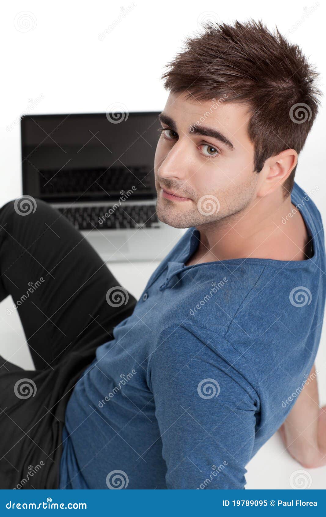 Young Man Sitting in Front of Blanck Laptop Stock Image - Image of ...