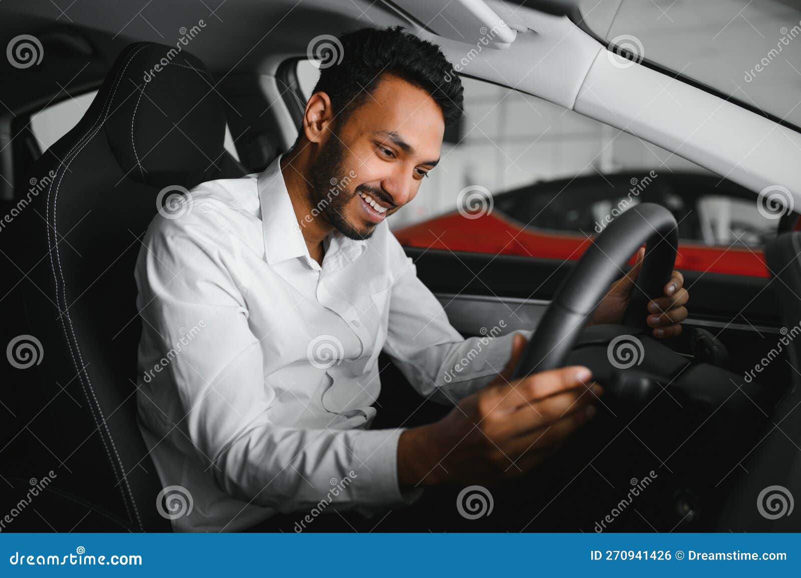 Young Man Sitting Inside New Car. Smiling Stock Photo - Image of loan ...