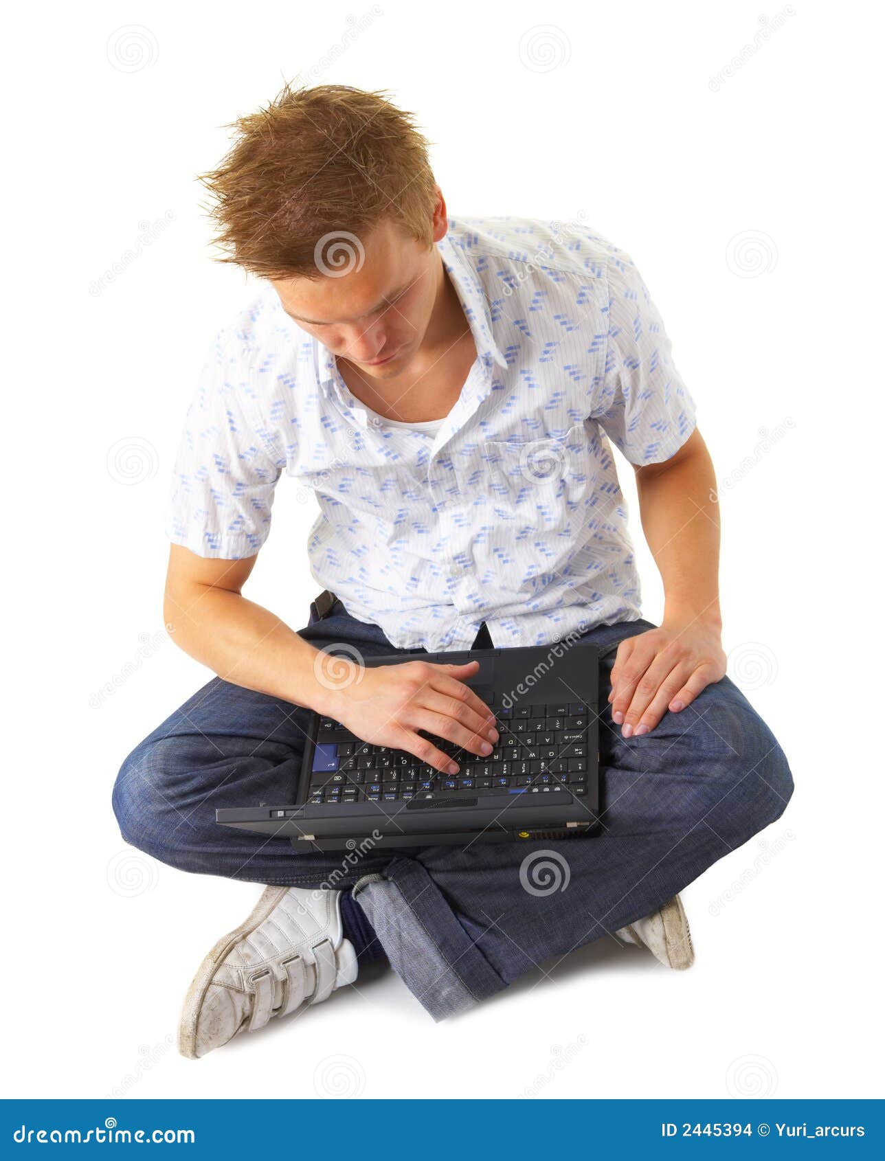 Young Man Sitting with Laptop Stock Photo - Image of isolated, hands ...