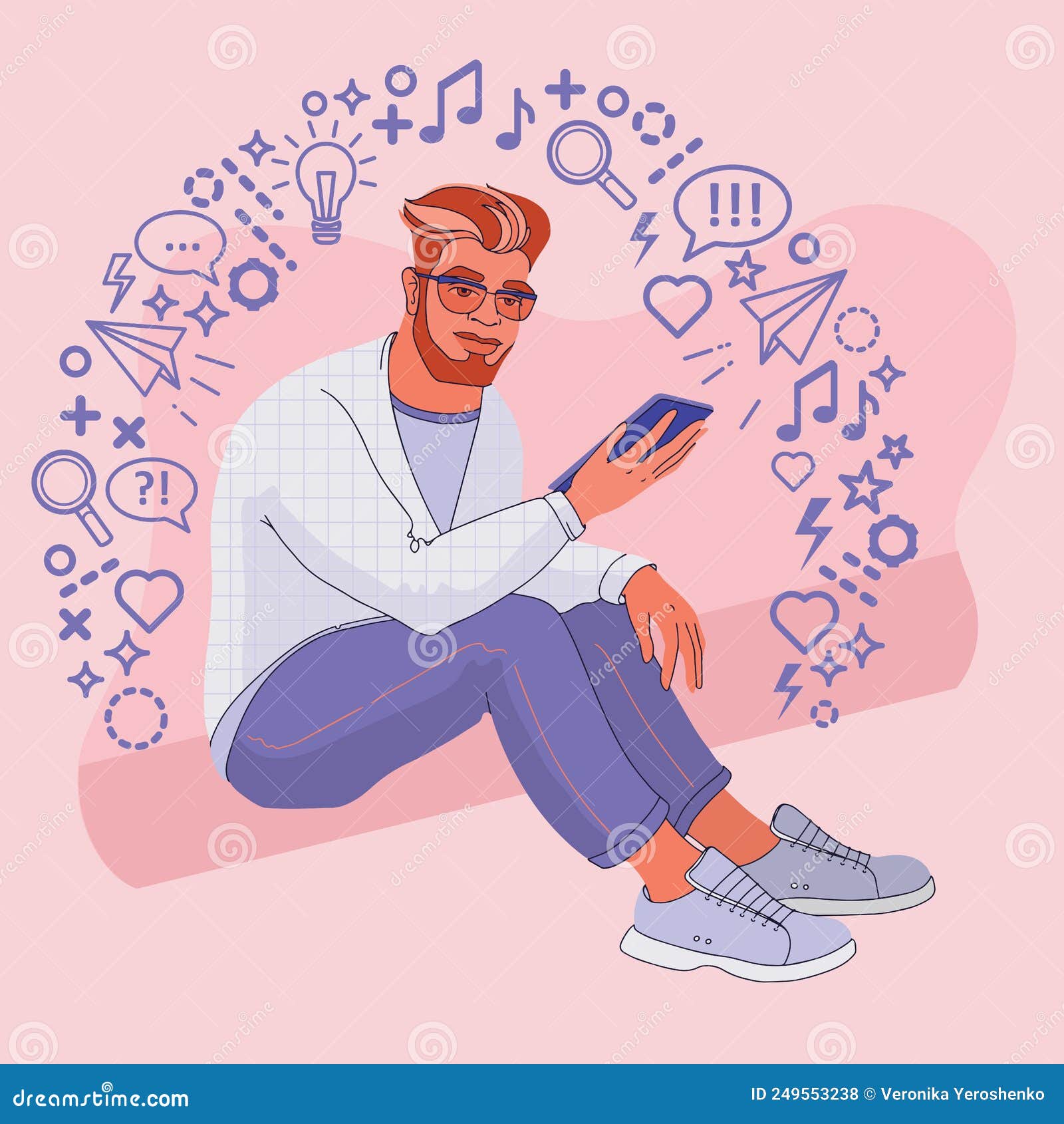 Young Man with Device Learning, Working and Communicating. Vector ...