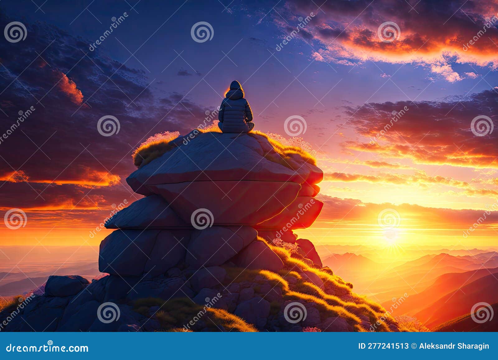 Young Man Sitting on Top of Cliff in Summer Mountains at Sunset and ... Young Man Sitting on Top of Cliff in Summer Mountains at Sunset and ...