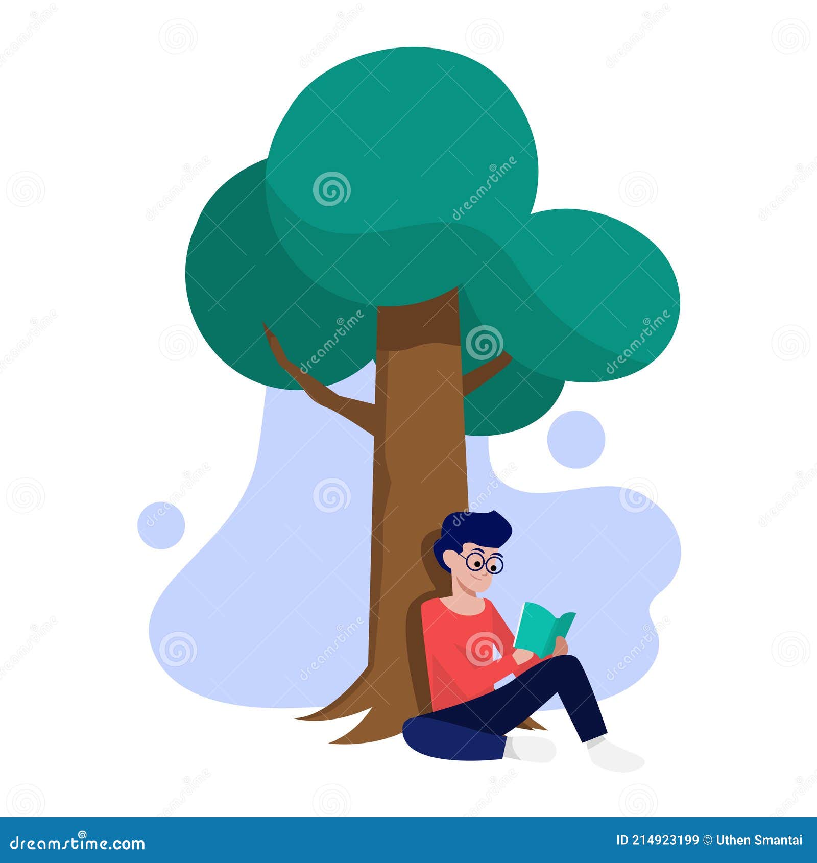 Young Man Sitting Under a Tree and Reading a Book Stock Vector ...