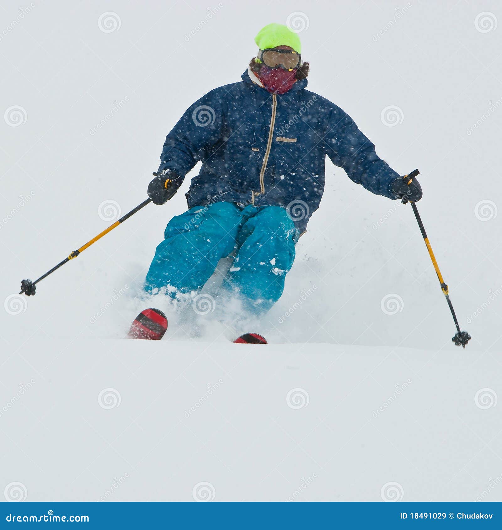 Young Man Skiing in Snowstorm Stock Image - Image of movement, skier ...