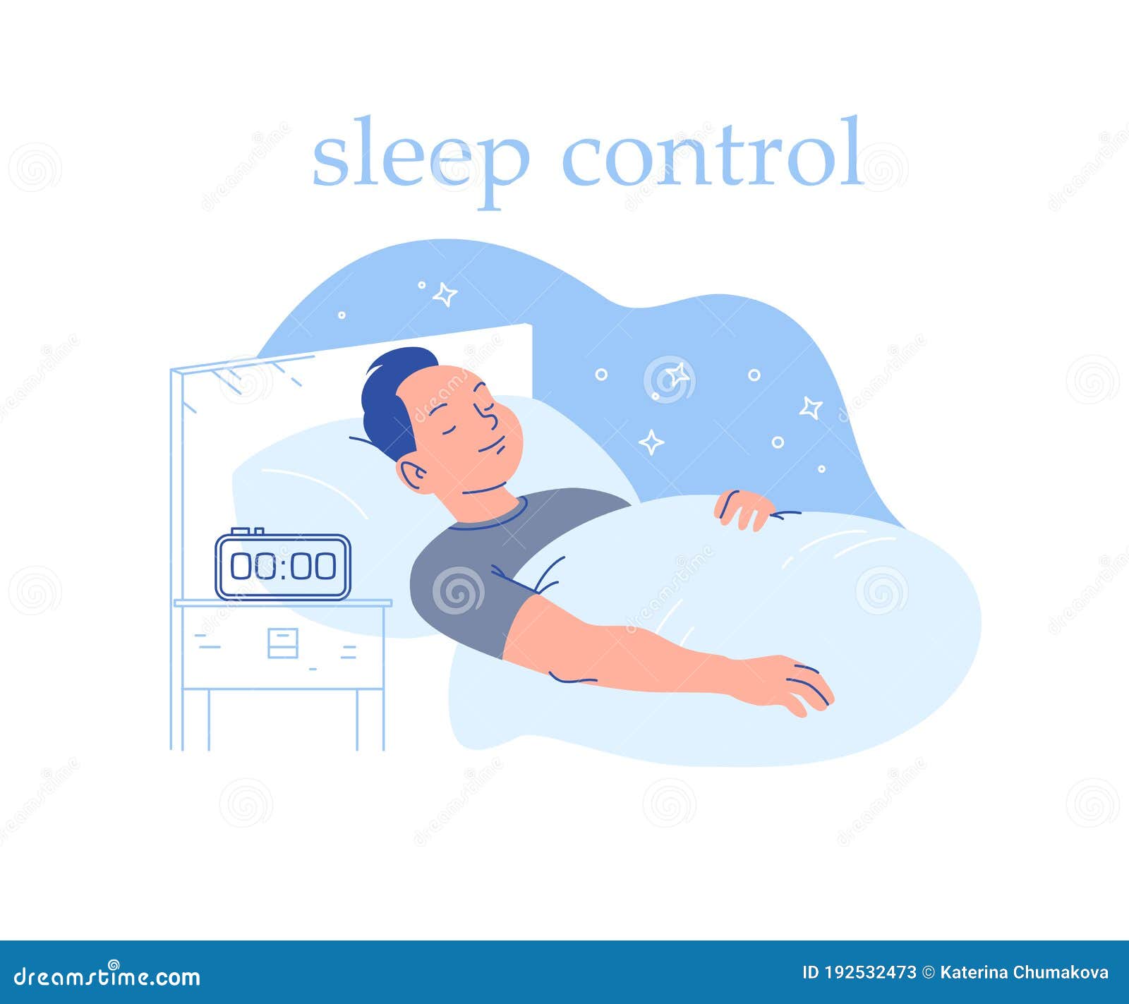 Young Man Sleeping in Cozy Bed with Alarm Clock on on Night Table ...