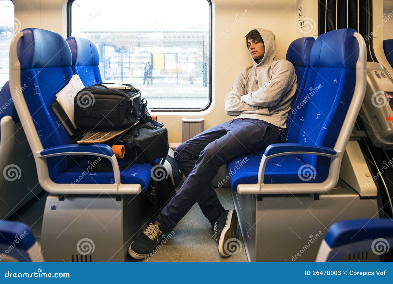 Young Man Sleeping in Train Stock Image - Image of skateboard, closed ...