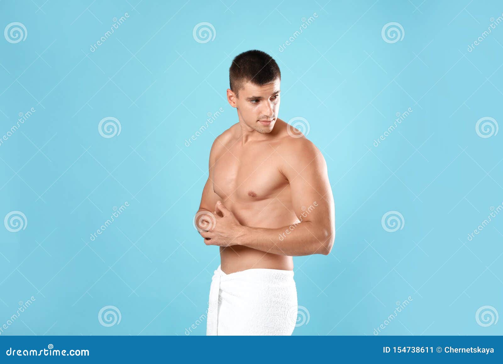Young Man with Slim Body on Light Blue Stock Image - Image of chest ...