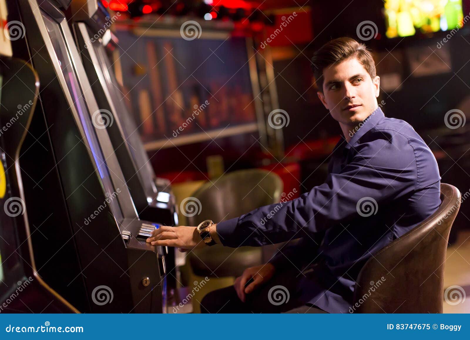 Young Man with Slot Machine in the Casino Stock Image - Image of ...