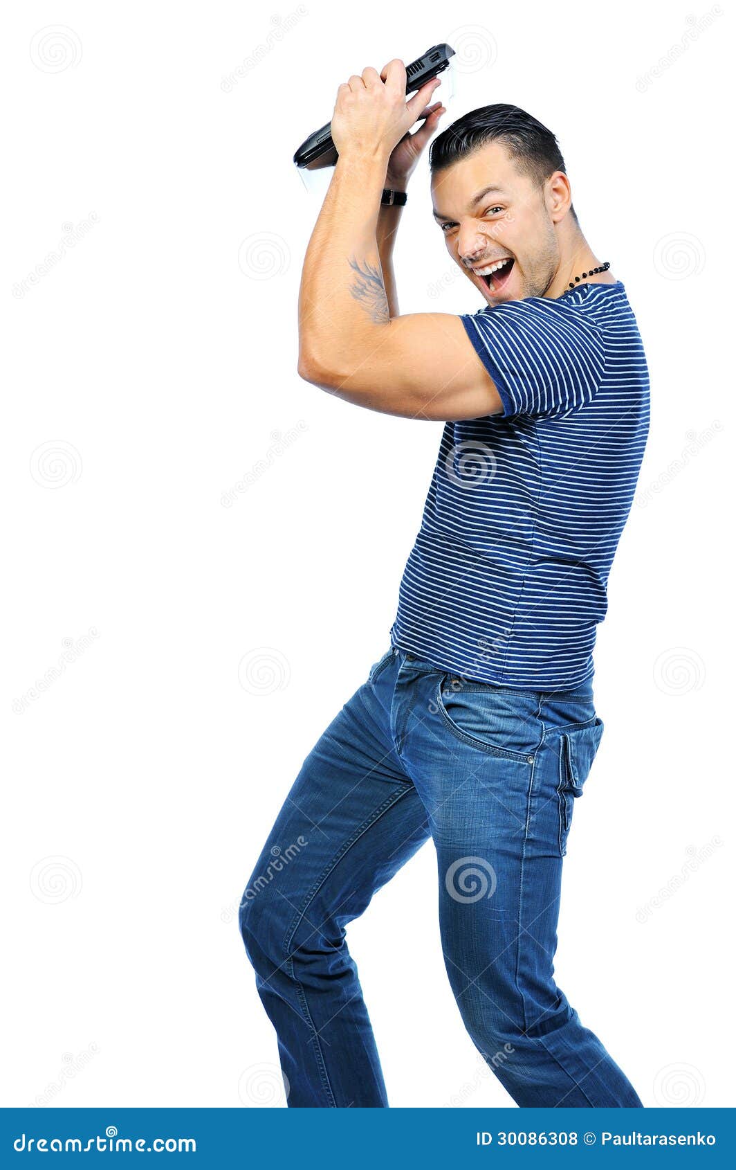 Young Man Smashing His Laptop Isolated on White Stock Photo - Image of ...