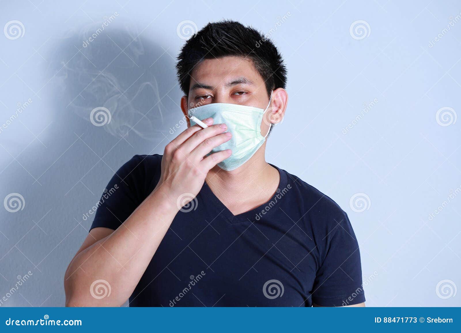 Young Man Smoking Cigarette with Protective Mask Stock Image - Image of ...