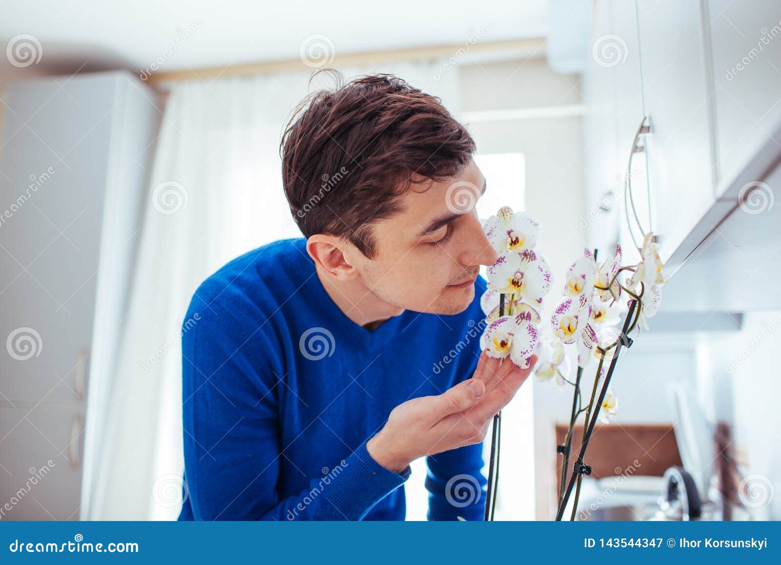 Young Man Sniffing Orchid in Kitchen at Home Stock Image - Image of ...