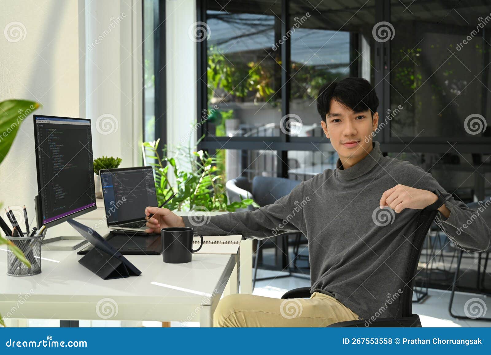 Young Man Software Developers Working With Coded Data On Computer Screen Developing Programming