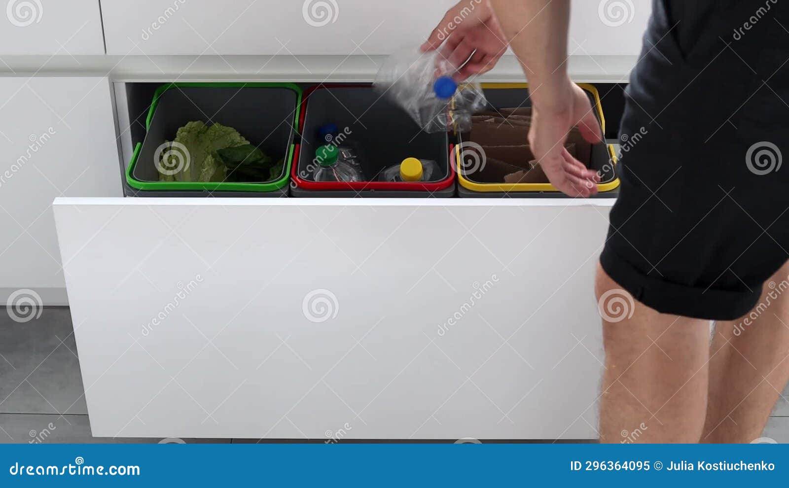 A Young Man Sorts Garbage in Containers in the Kitchen. Modern Kitchen ...