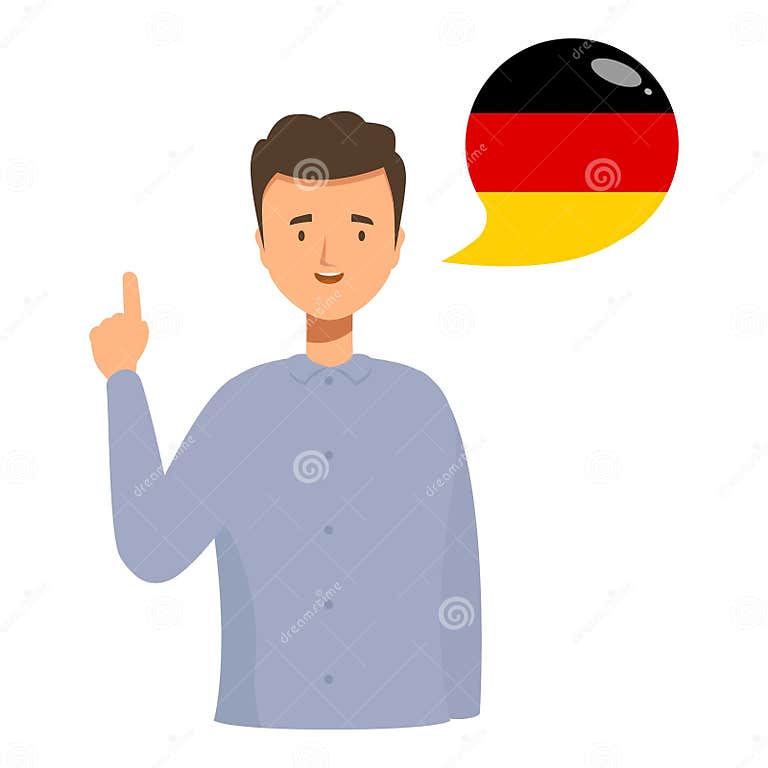 Young Man Speaking German Pointing Up with Speech Bubble Stock Vector ...