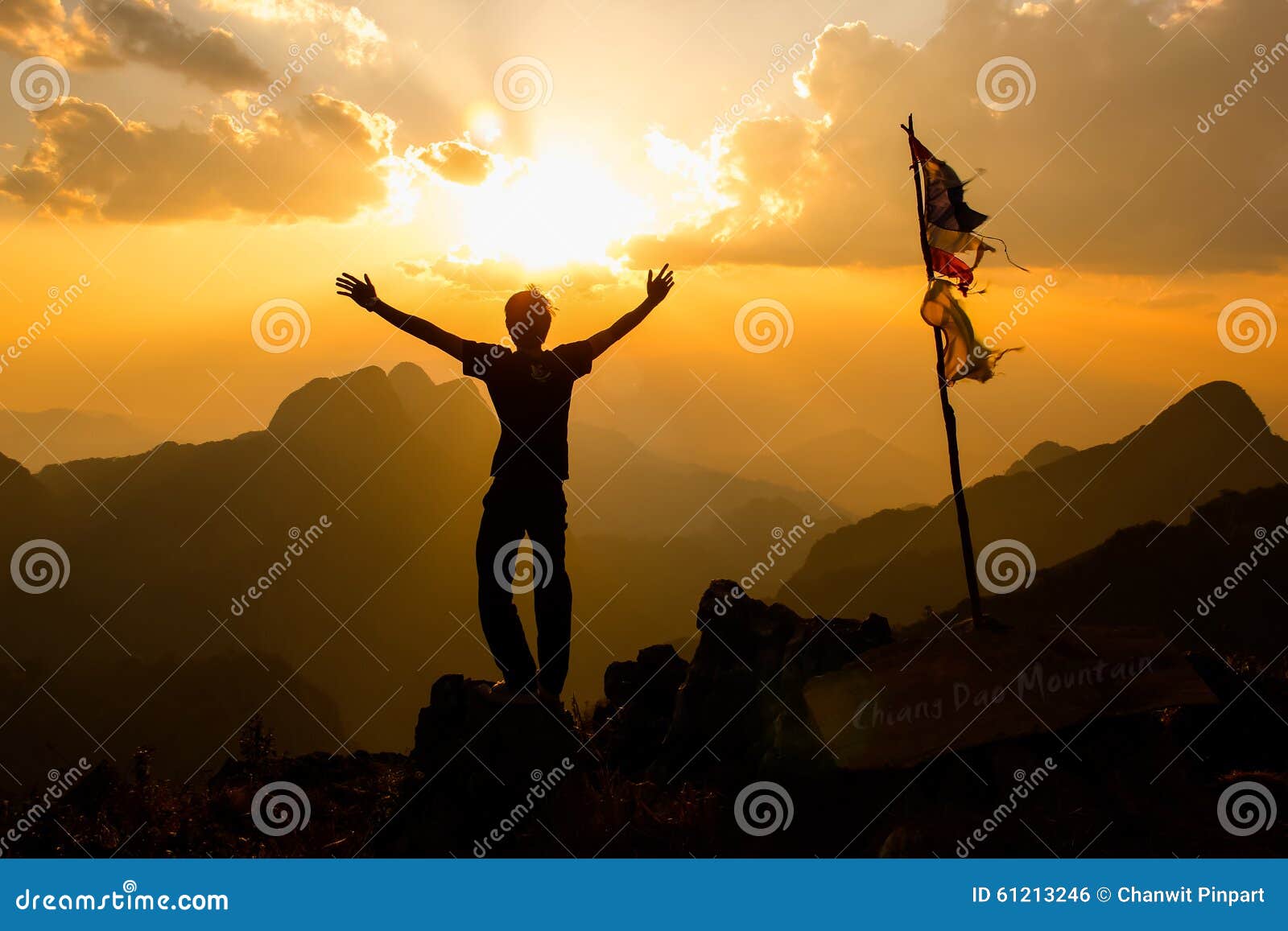Young Man Spreading Hands with Joy and Inspiration on Mountain. Stock ...