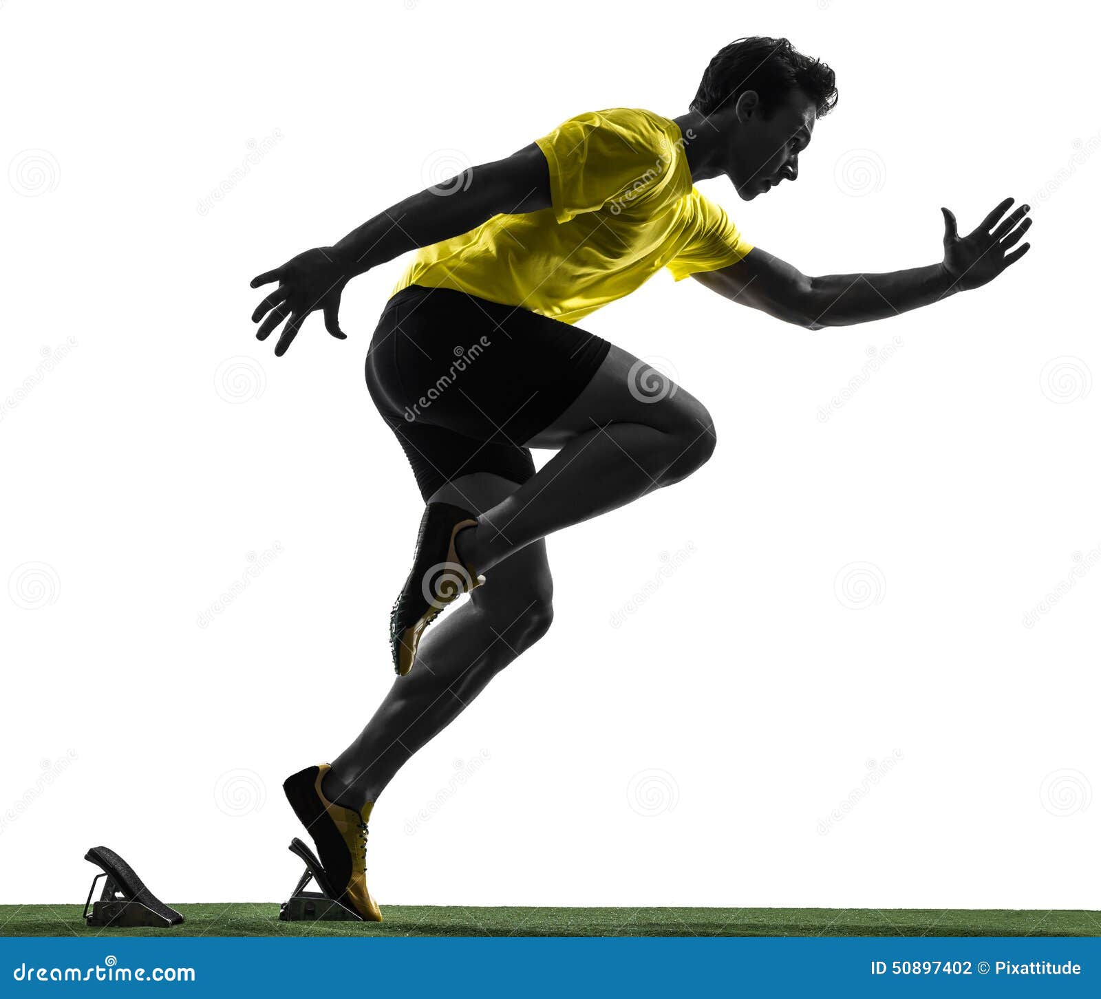 Young Man Sprinter Runner in Starting Blocks Silhouette Stock Photo ...