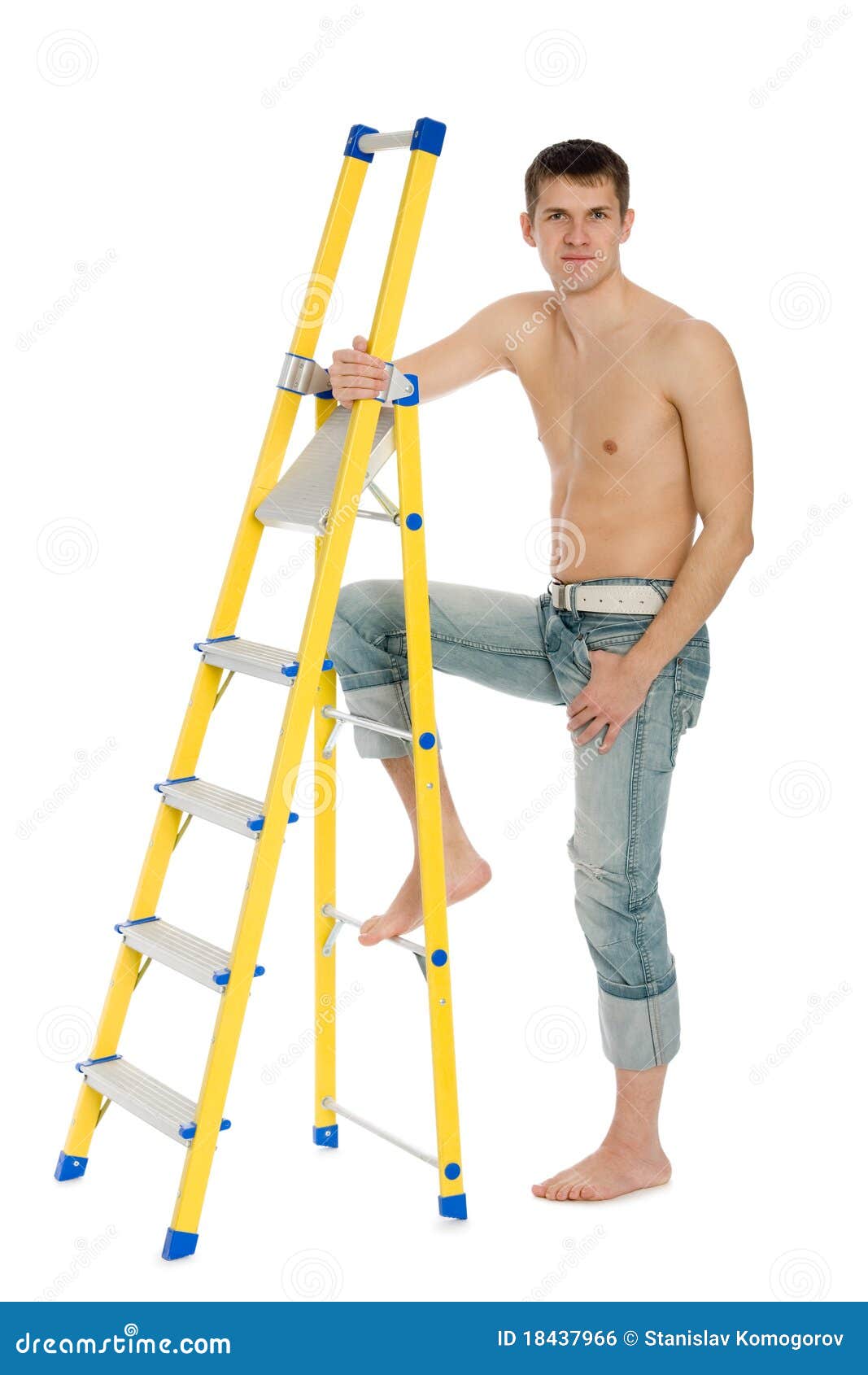 Young Man with a Stand Ladder. Stock Photo - Image of length, belly ...