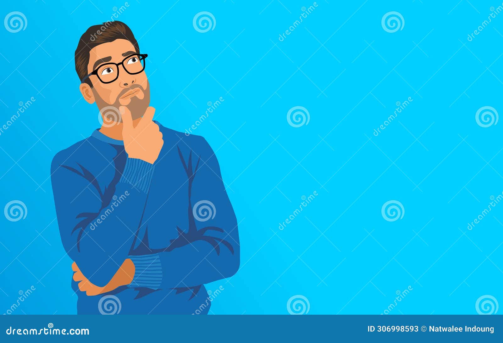 Young Man Stand and Thinking about Things on Blue Backgrounf, Vector ...