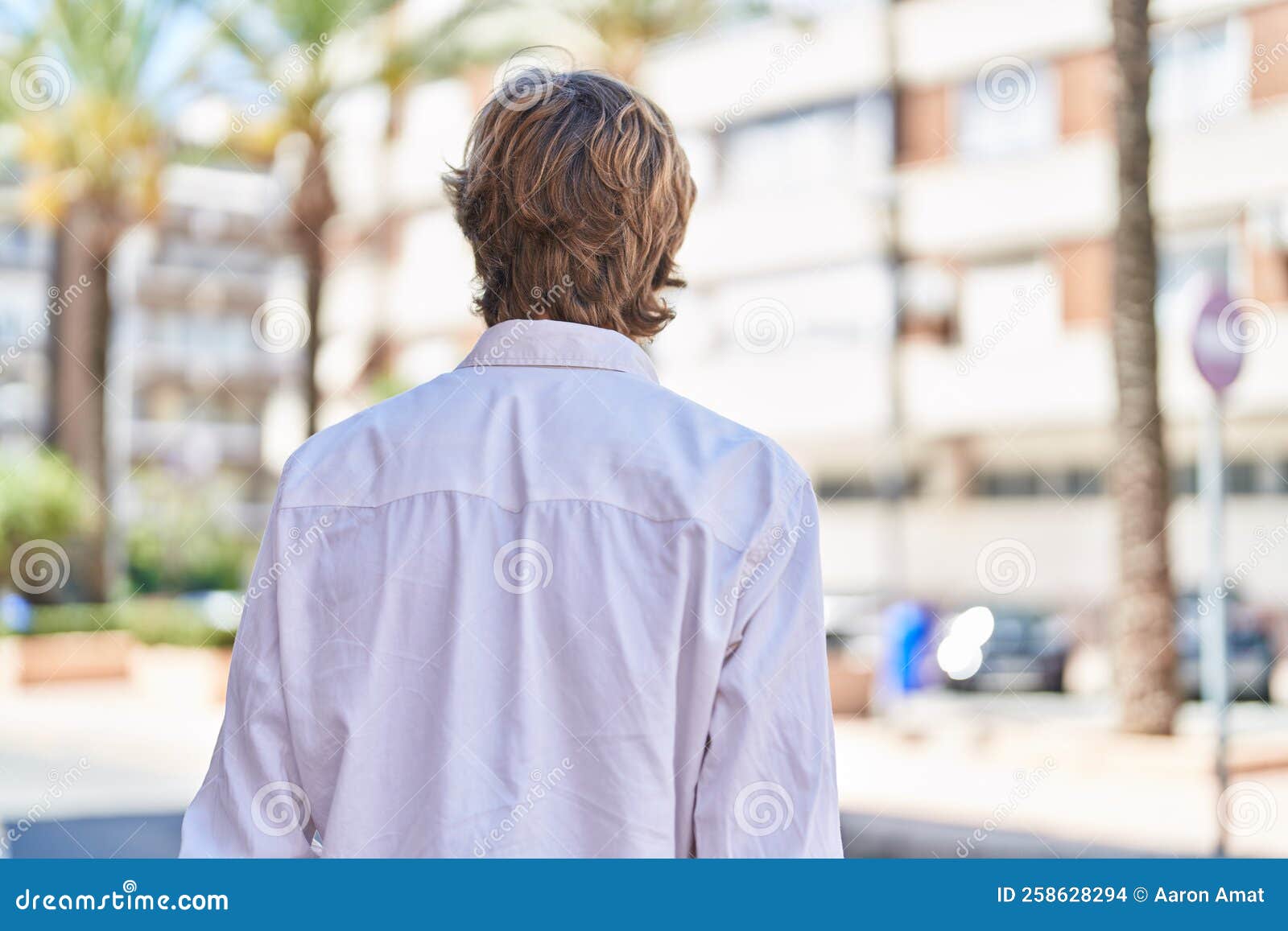 Young Man Standing on Back View at Street Stock Photo - Image of blond ...