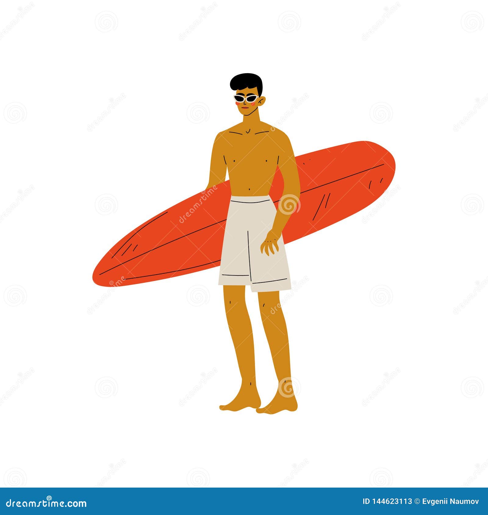 Young Man Standing On Beach With Surfboard Guy Relaxing On Beach On