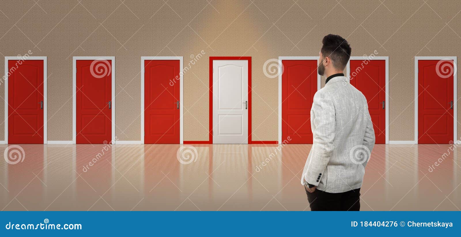 Man Standing in Front of Many Doors. Choice Concept Stock Photo - Image ...