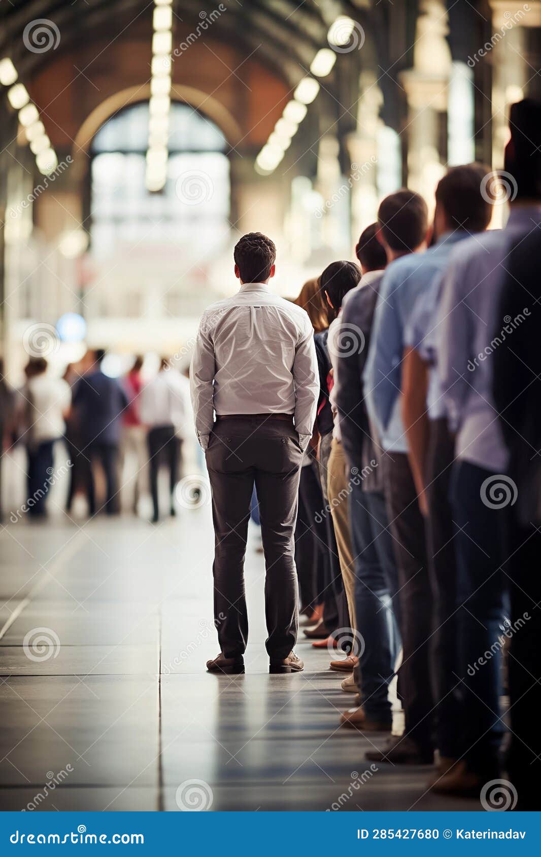 Young Man Standing in the Hall in a Crowd of People. People in Queue ...