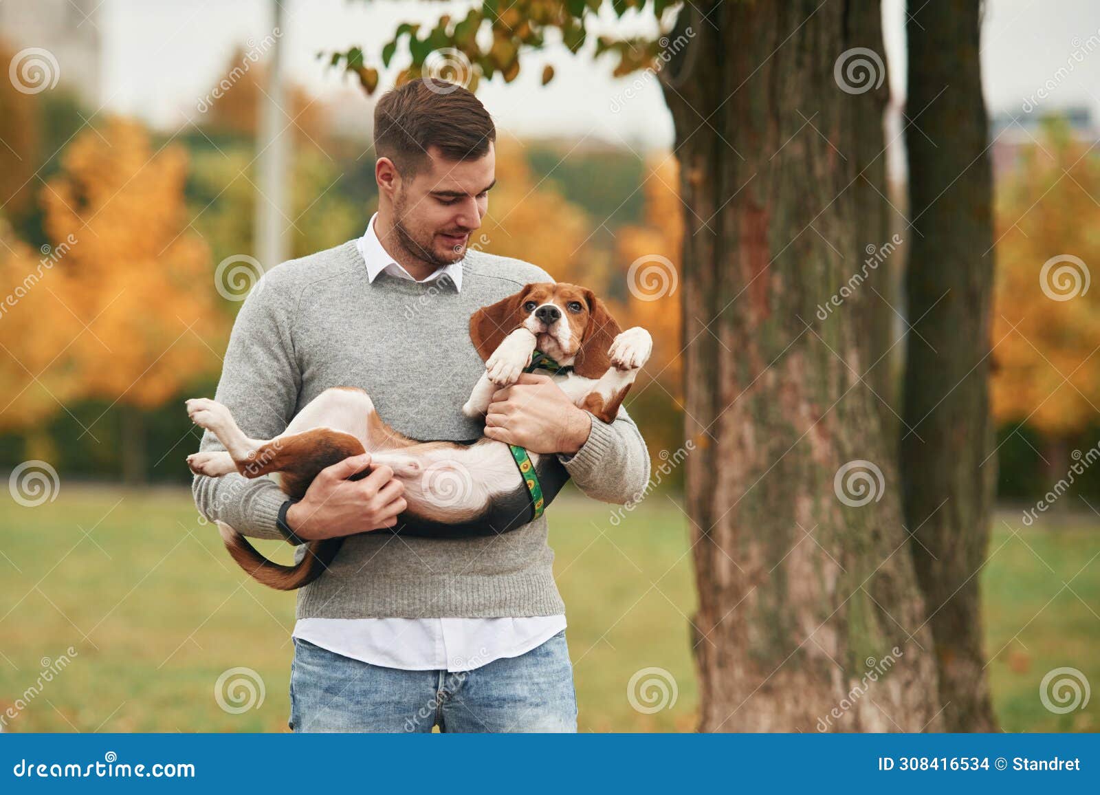 Young Man is Standing in the Park and Holding His Cocker Spaniel Dog in ...
