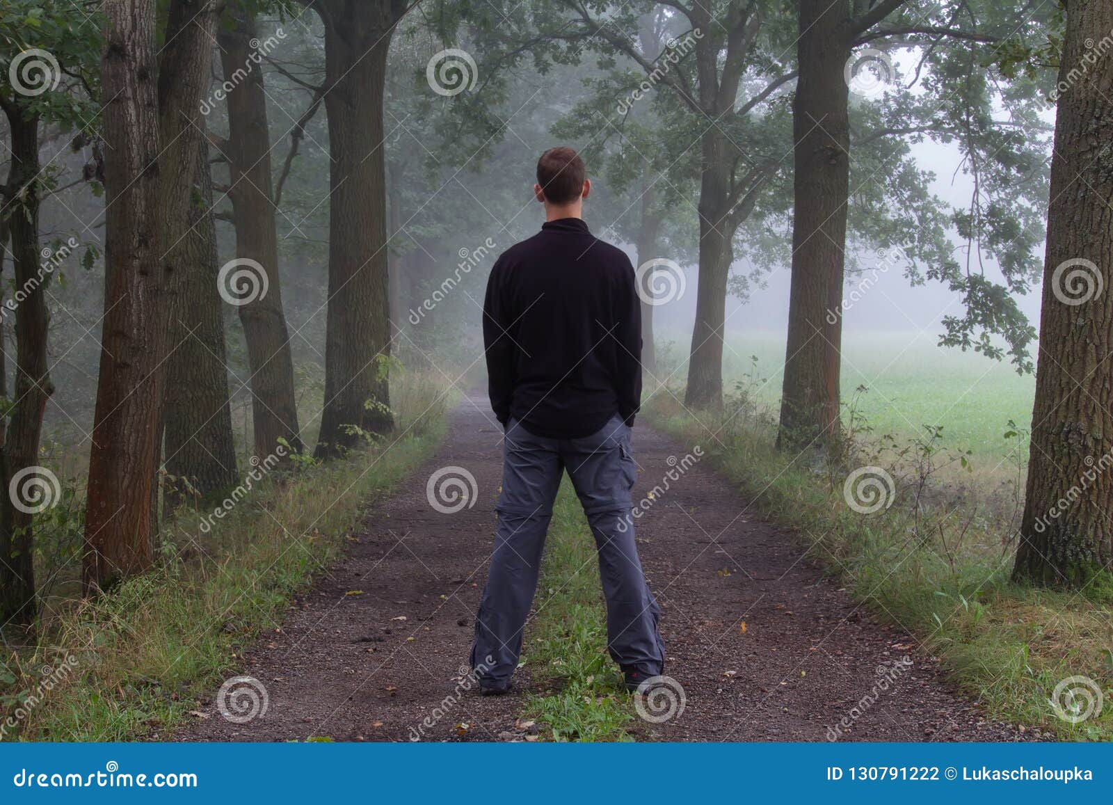 Young Man Standing on Path in Morning Misty Fog from Back Stock Photo ...