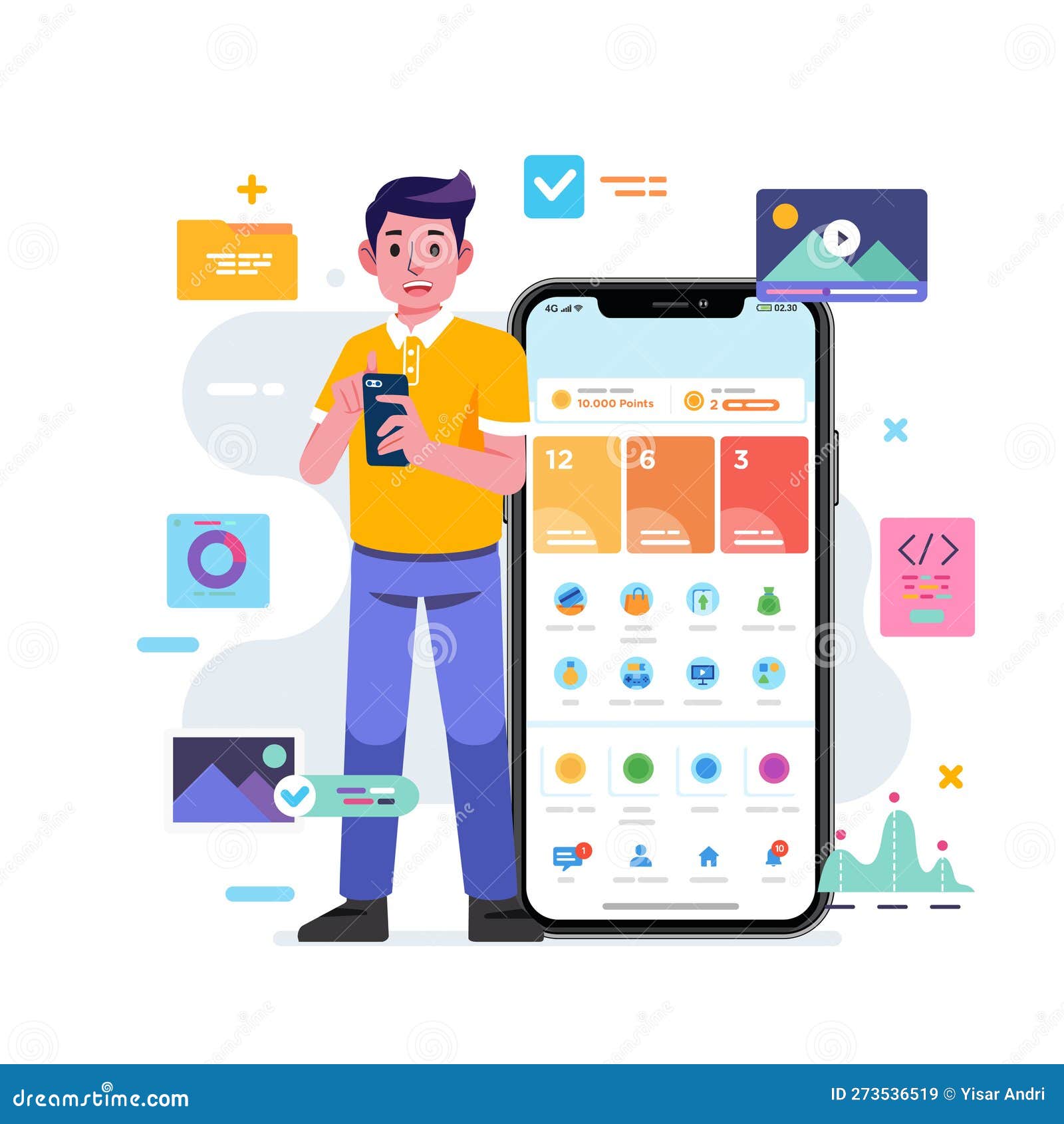 Young Man Standing beside Phone Screen with Display of E Commerce ...