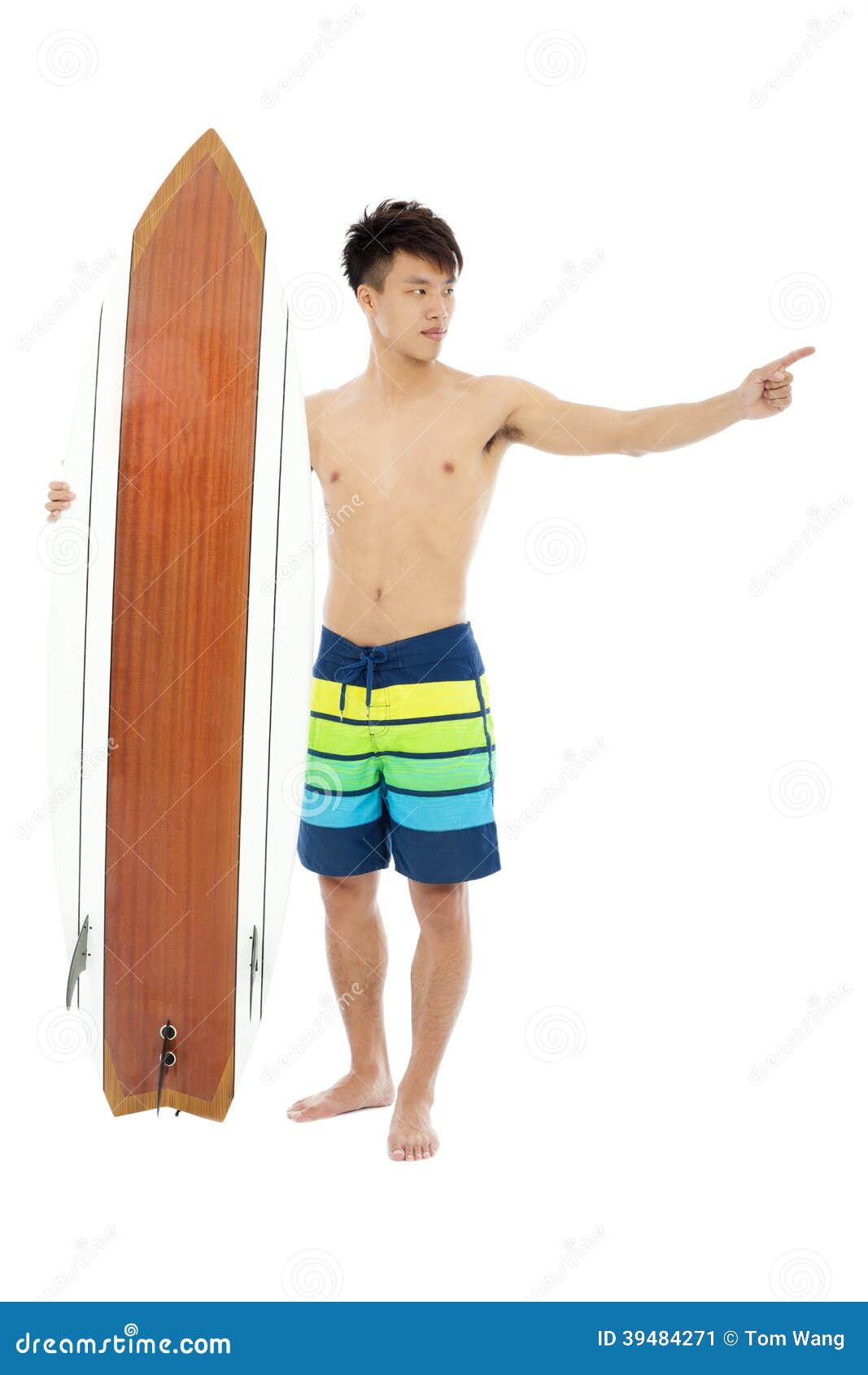 Young Man Standing and Point Forward with Surfboar Stock Image - Image ...