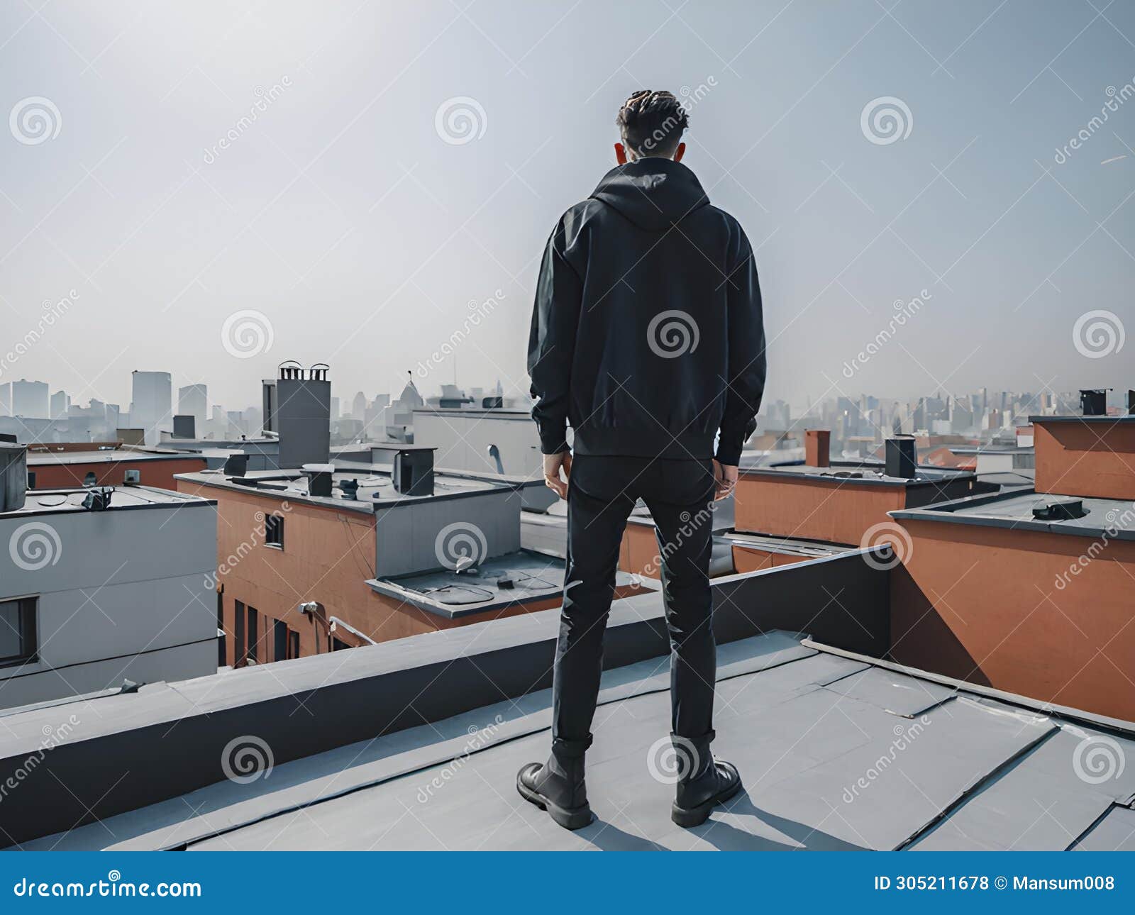 Young Man Standing on Rooftop Stock Illustration - Illustration of ...